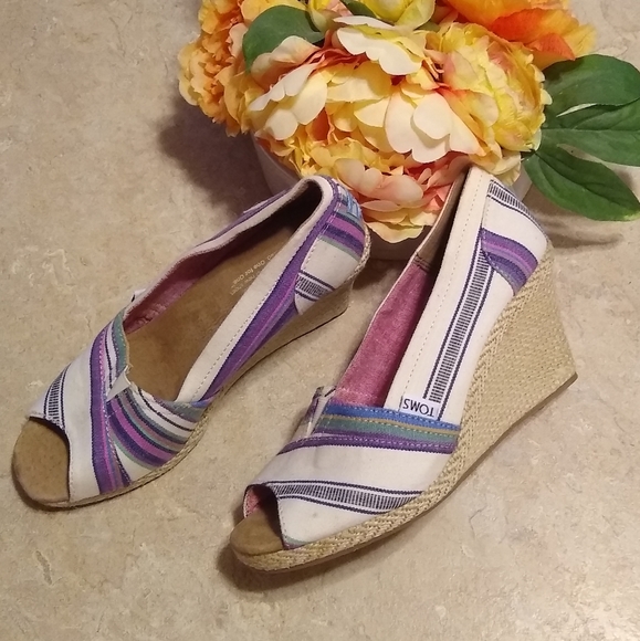 Toms | Shoes | Toms Emma Striped Wedge Peep Toe Espadrille Wedge ...